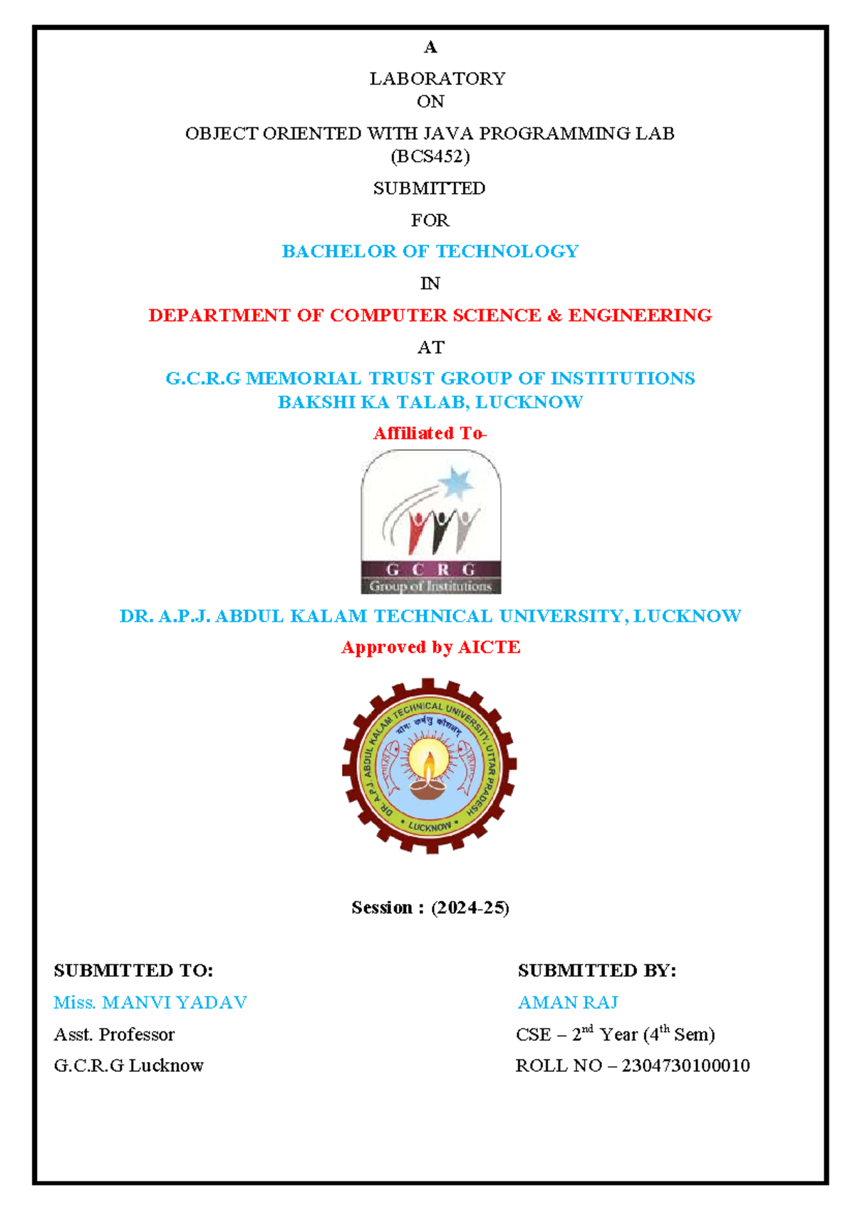 Object Oriented Programming Lab (BCS452) - Java Experiments and Concepts - Studocu