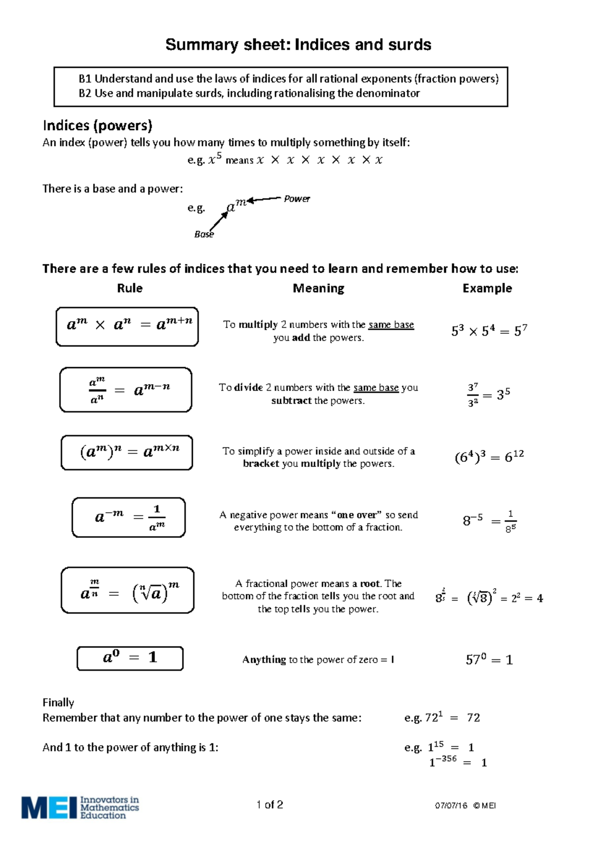 1 Surds and indices - Summary sheet: Indices and surds 1 of 2 07/07/16 ...