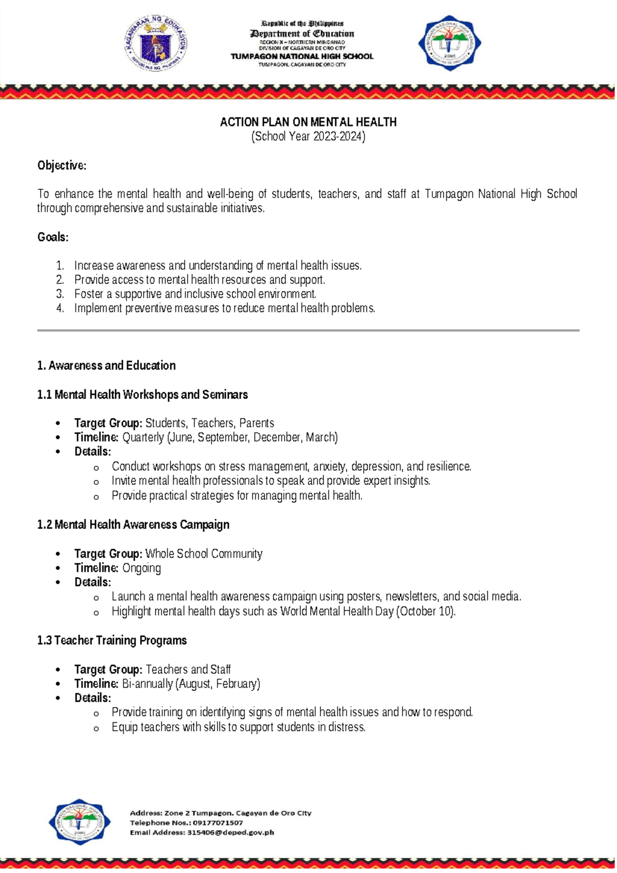 Mental Health Action Plan for Tumpagon National High School 2023-2024 ...