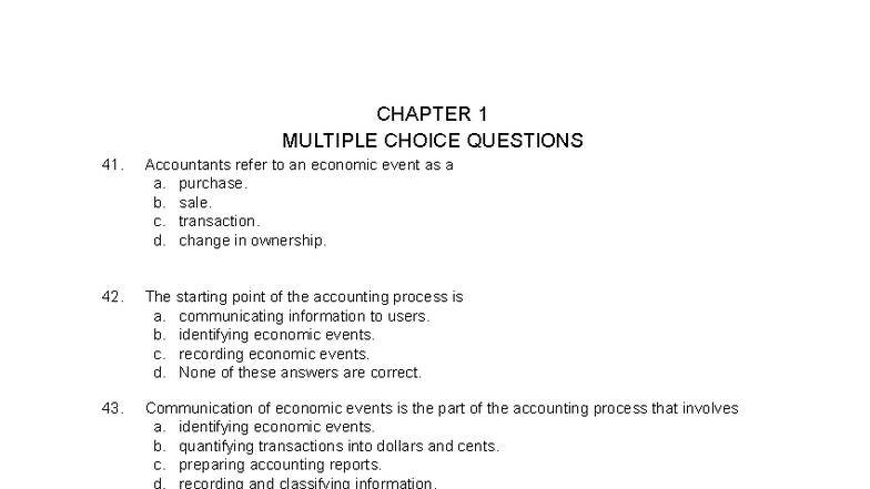 CHAPTER 1 - ACCOUNTING MULTIPLE CHOICE QUESTIONS - Studocu