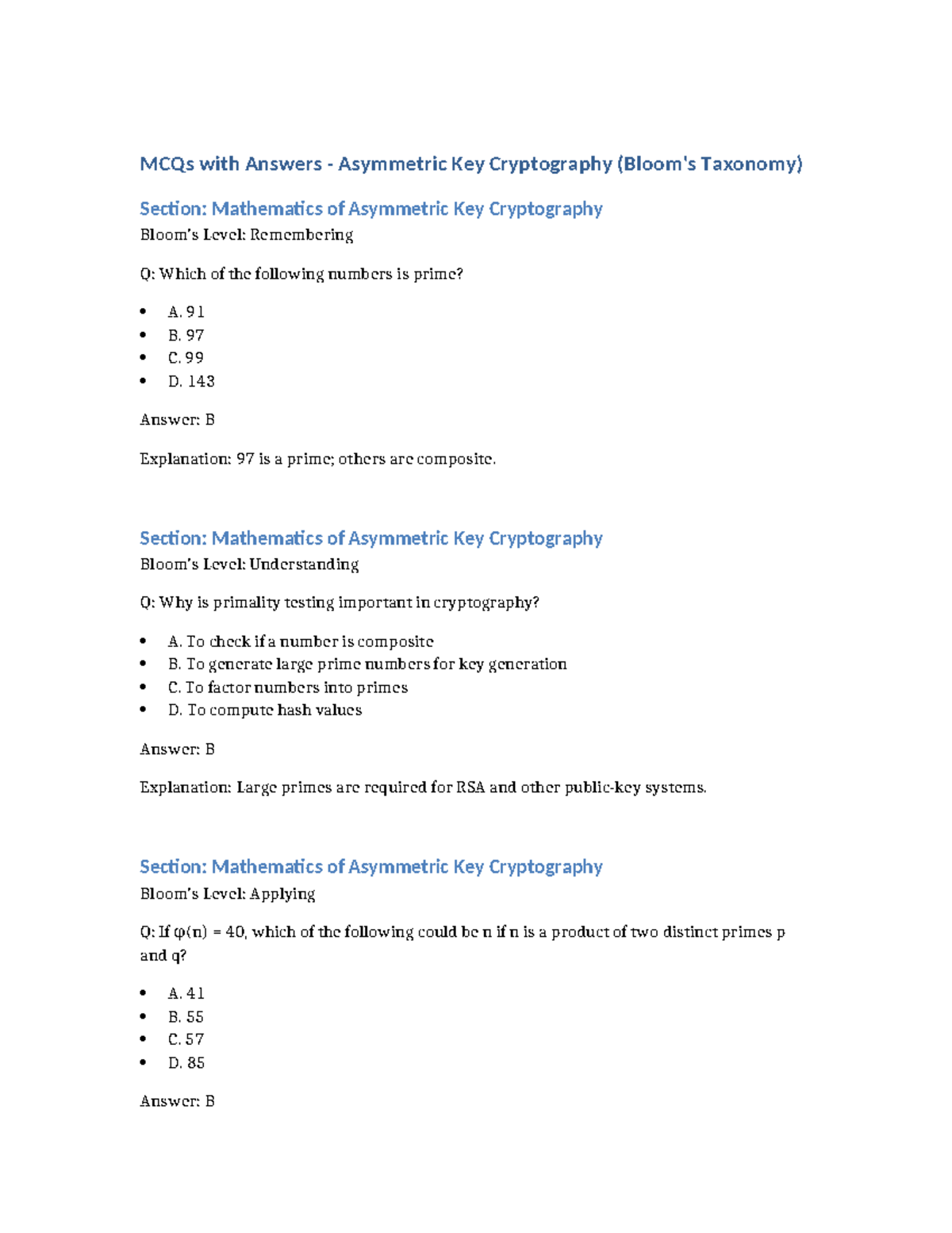 Asymmetric Key Cryptography MCQs with Answers (MATH 101) - Studocu