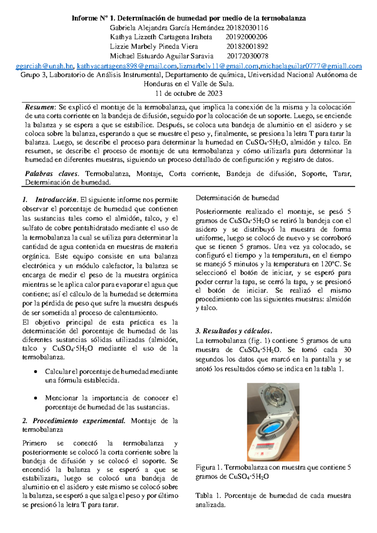 Práctica 1: Determinación de Humedad con Termobalanza - Informe - Studocu