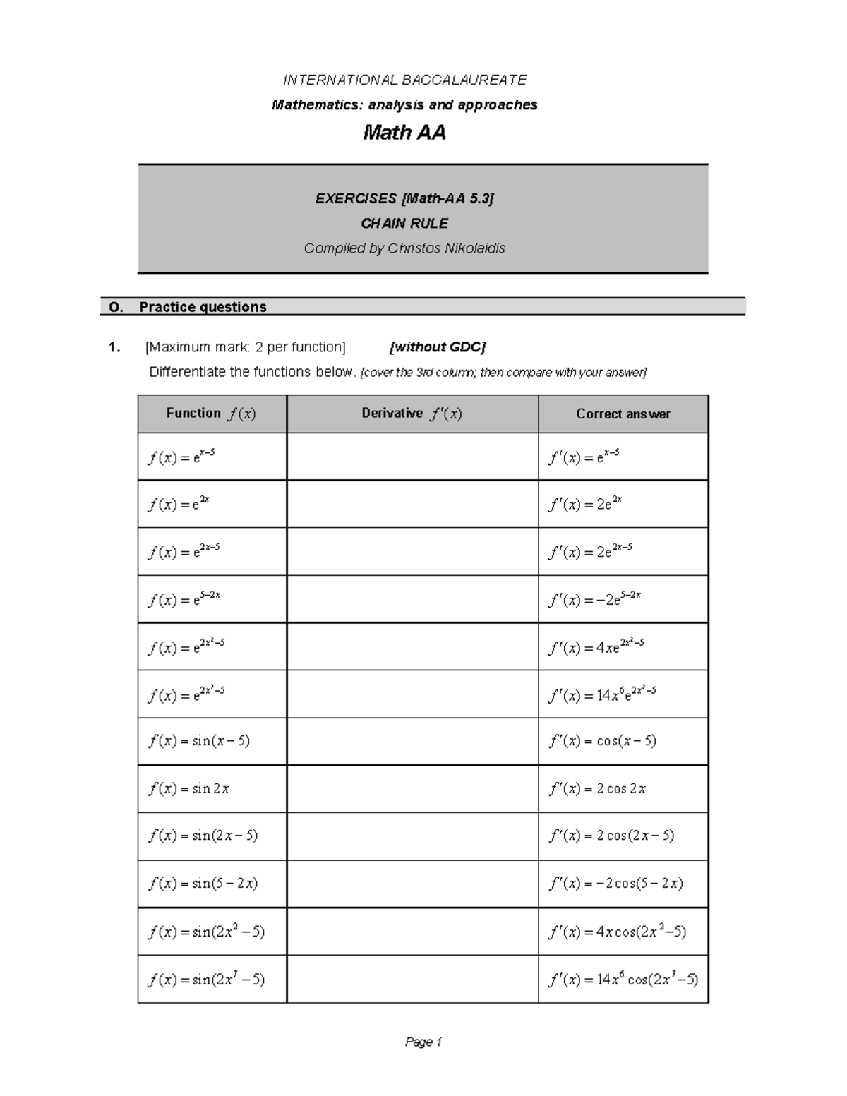 Math AA 5.3: Chain Rule Exercises and Practice Questions - Studocu