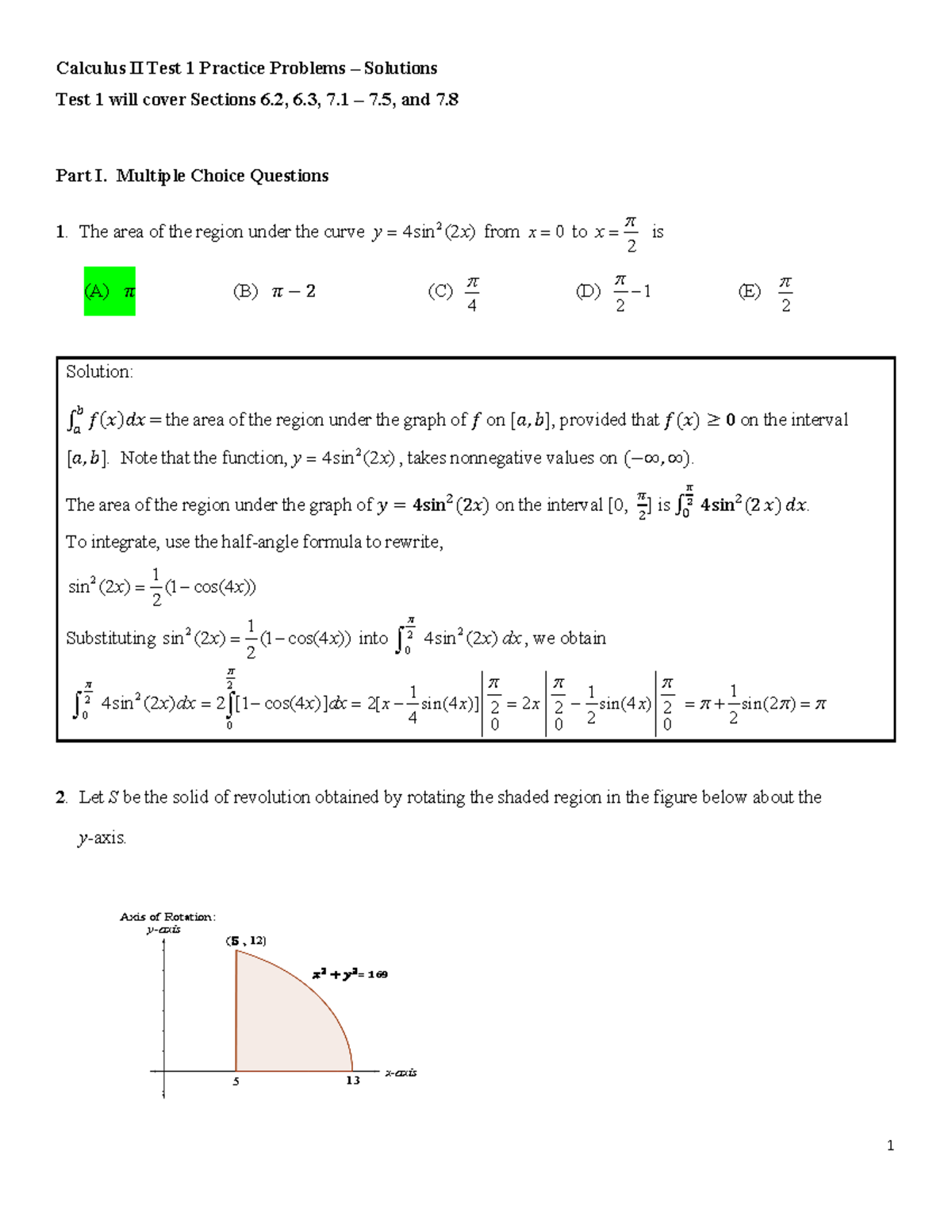 Calculus Ii 1062 Test 1 Practice Problems Solutions Studocu