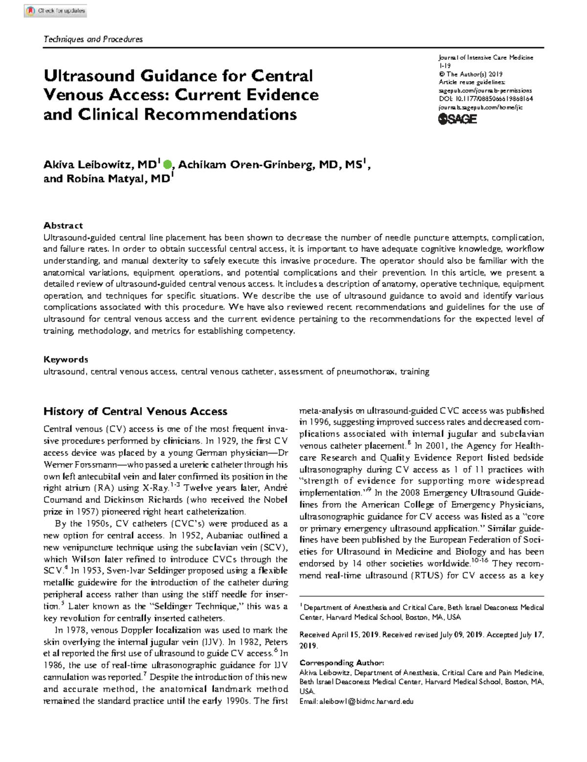 Ultrasound Guidance for Central Venous Access: Techniques ...