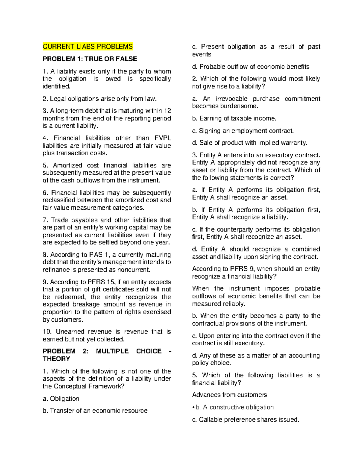 Current Liabilities Problems and Theories: True/False & Multiple Choice - Studocu