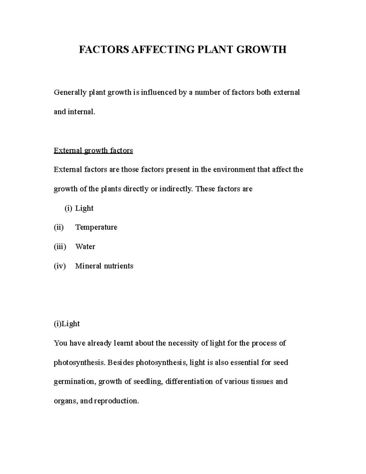 Factors Influencing Plant Growth: Key Elements and Hormones - Studocu