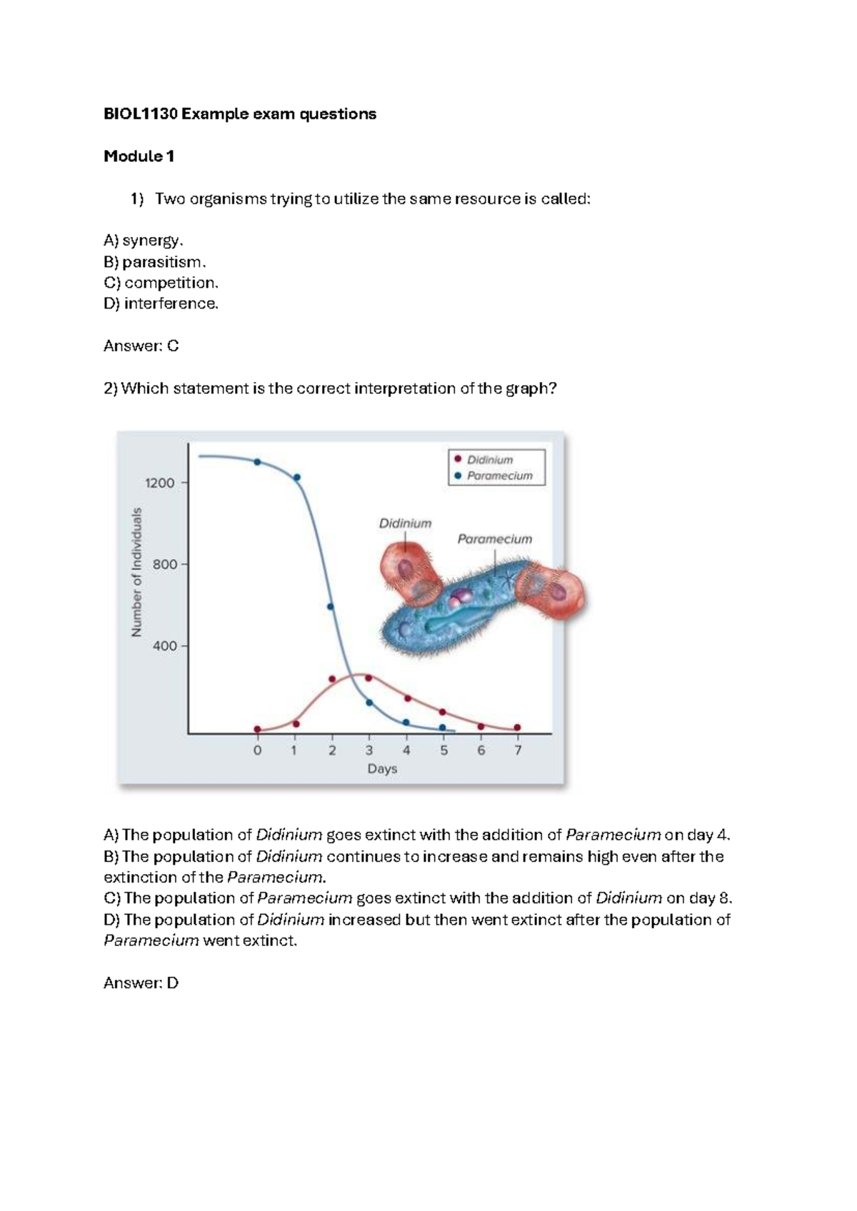 BIOL1130 Example Exam Questions - Modules 1-4 - Studocu