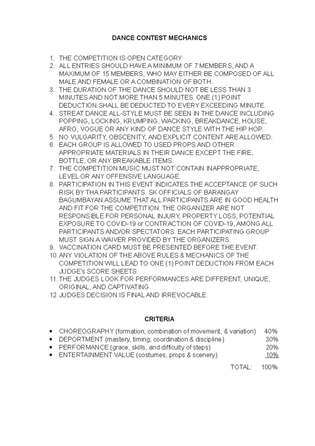 Dance Contest Mechanics & Singing Contest Rules Overview - Studocu