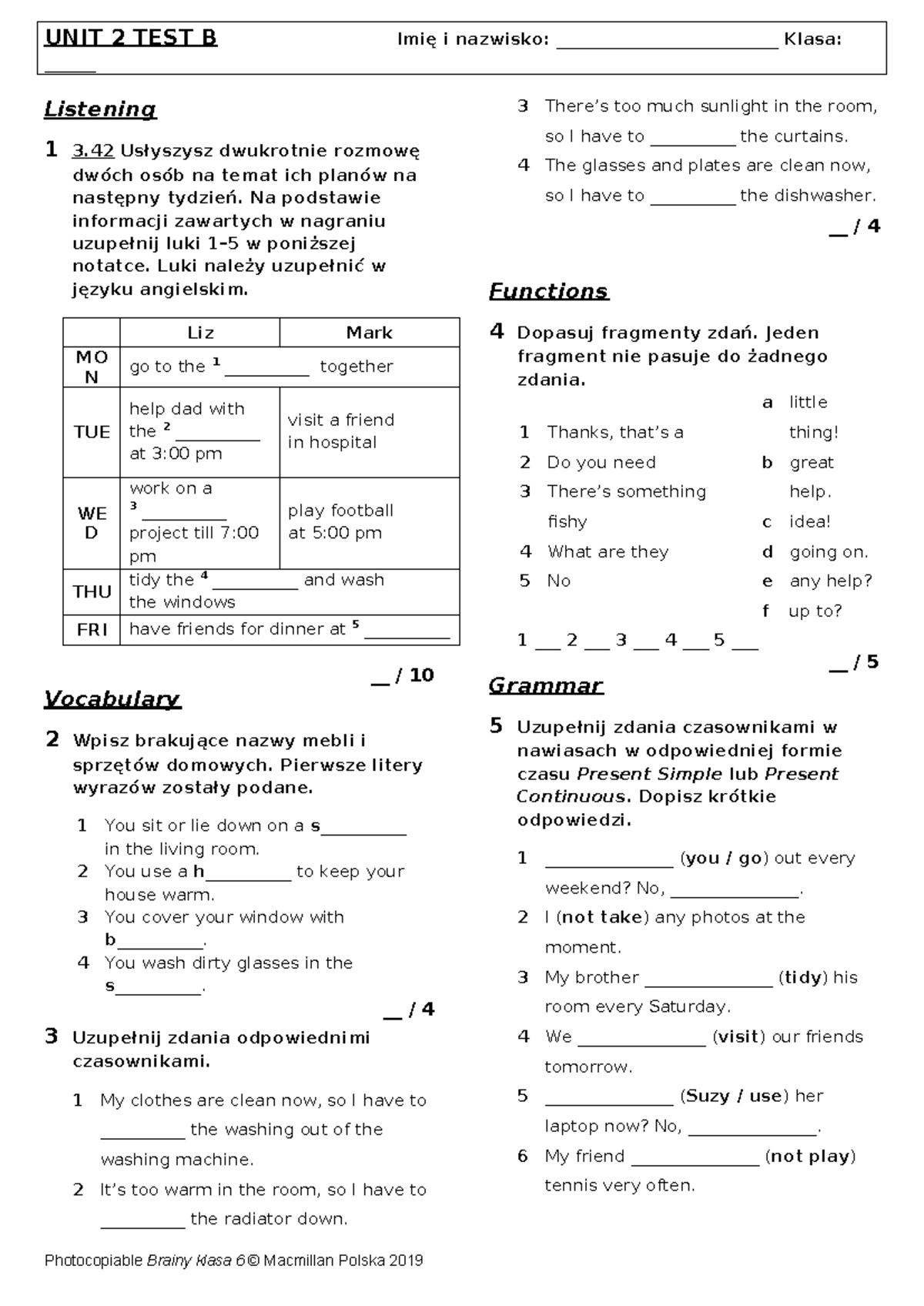 Brainy kl6 Unit 2 Test B - Listening, Vocabulary, Grammar & Writing ...