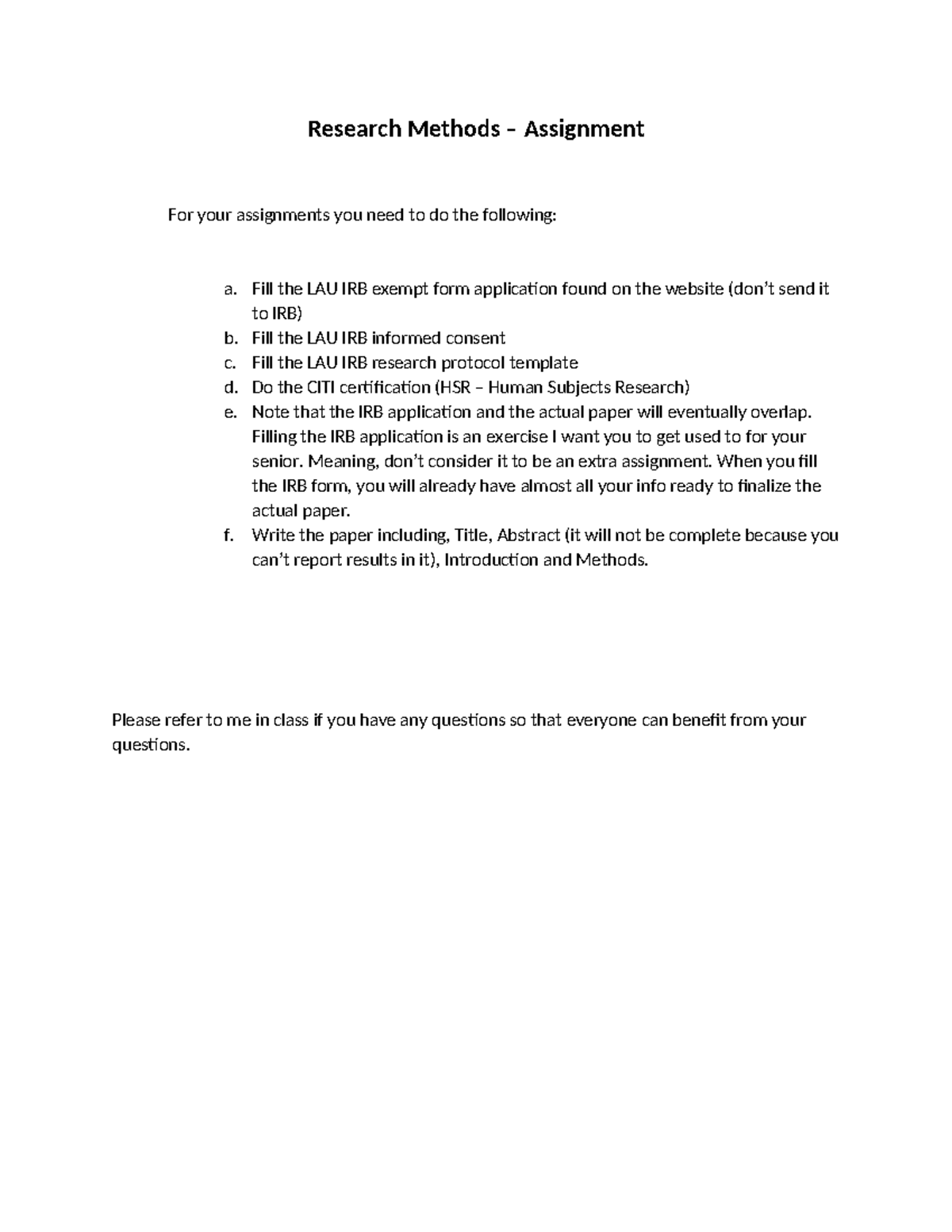 Research Methods - Assignment - Research Methods – Assignment For your ...
