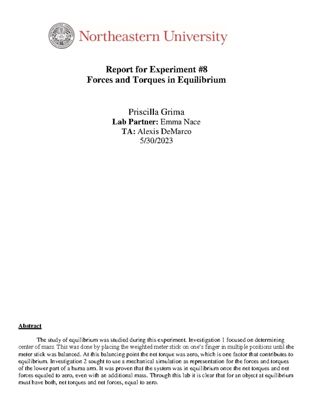 Lab 4 - Forces and Torques in Equilibrium - Report for Experiment ...