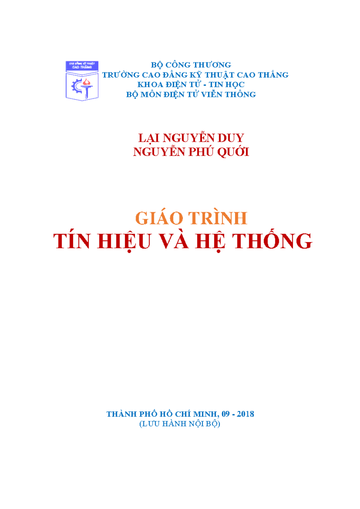 Giao trinh tin hieu va he thong - BỘ CÔNG THƯƠNG TRƯỜNG CAO ĐẲNG KỸ THUẬT CAO THẮNG KHOA ĐIỆN TỬ ...