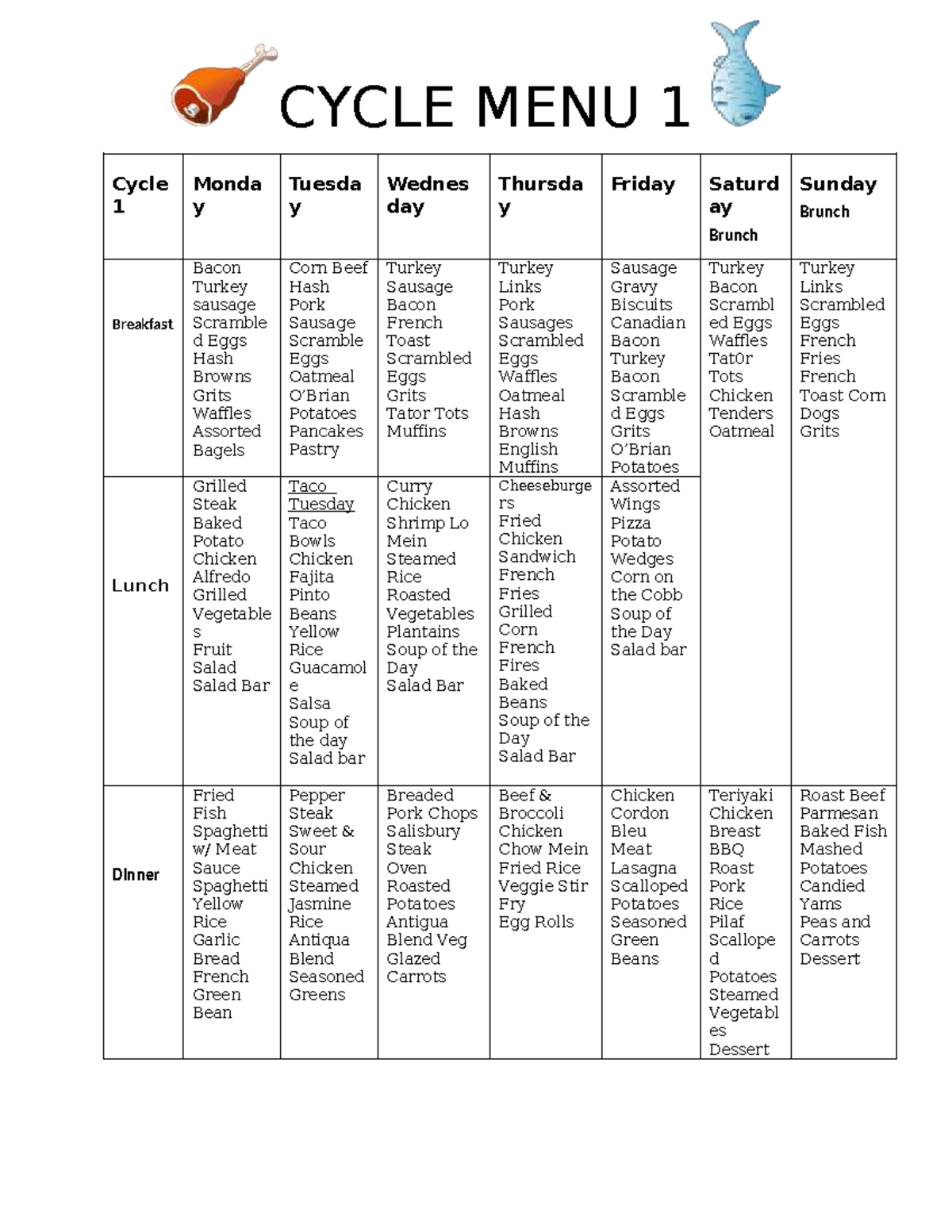 Cafe Menu 1: Weekly Cycle Menu for Dining Options - Studocu