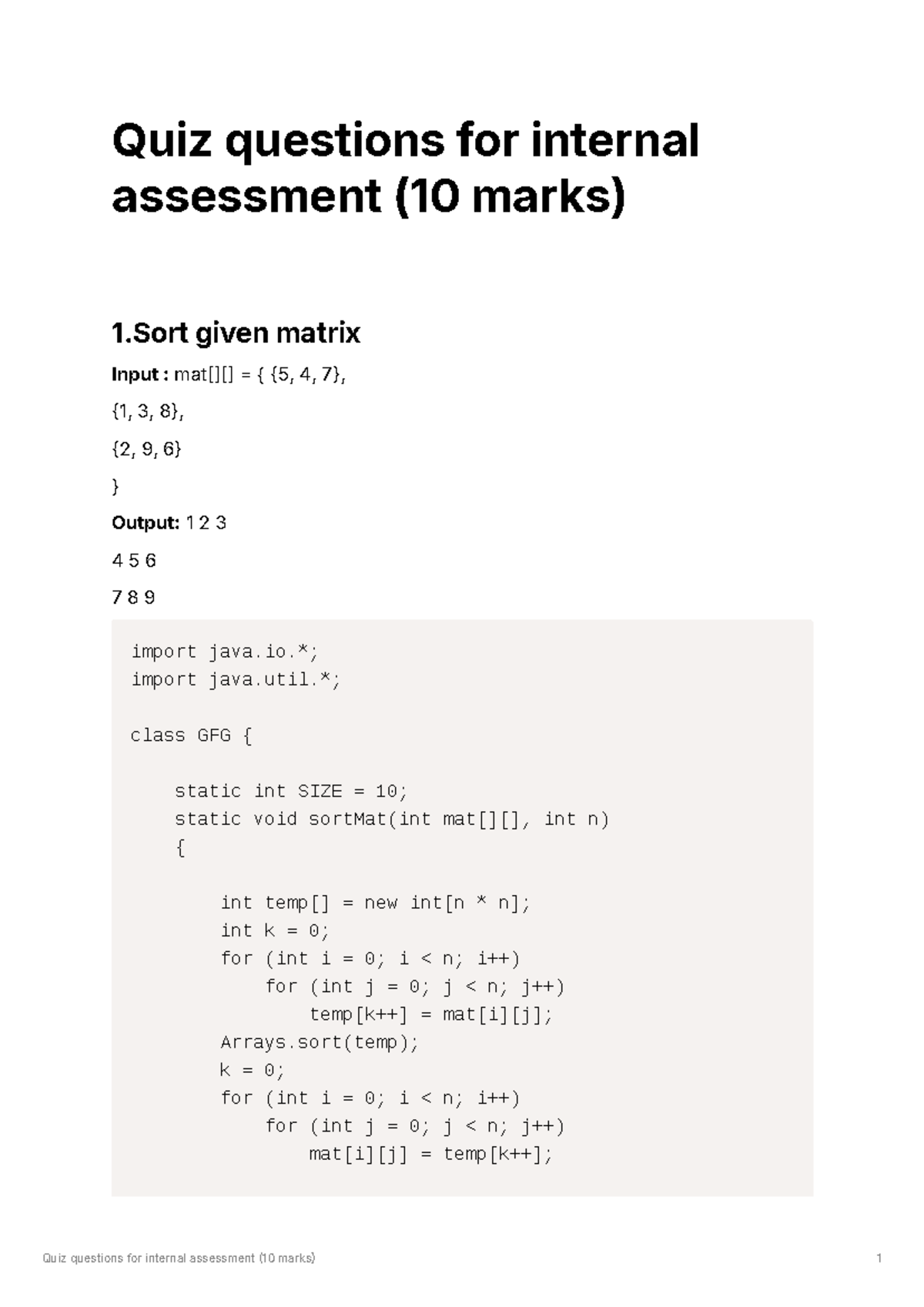 Oops quiz - object oriented programming quiz - Quiz questions for internal assessment (10 marks ...