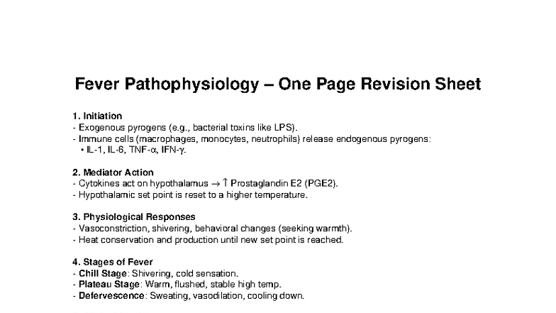 Fever Pathophysiology Revision Sheet: Key Concepts & Stages - Studocu