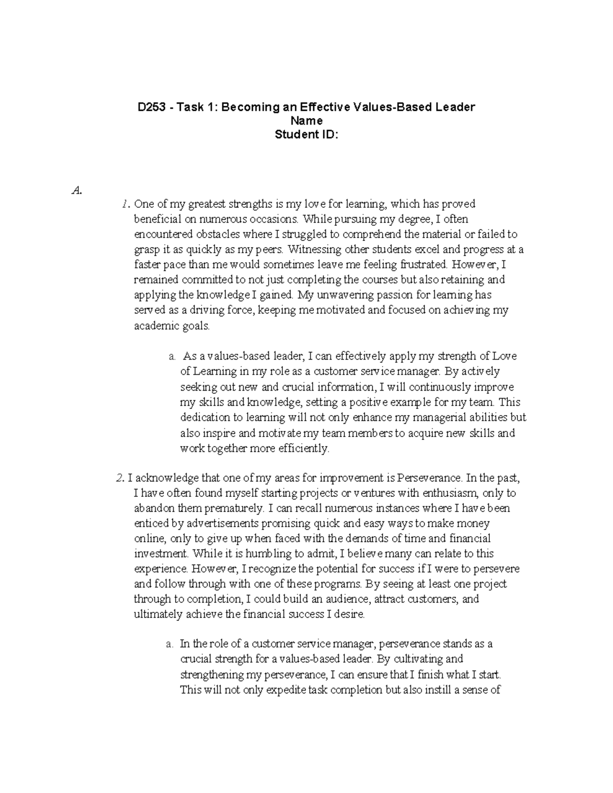 D253 - Values-Based Leadership: Task 1 Reflection and Insights - Studocu