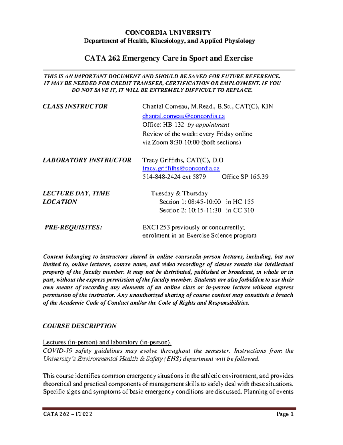 CATA 262 - Outline Fall 2022 - CONCORDIA UNIVERSITY Department of ...