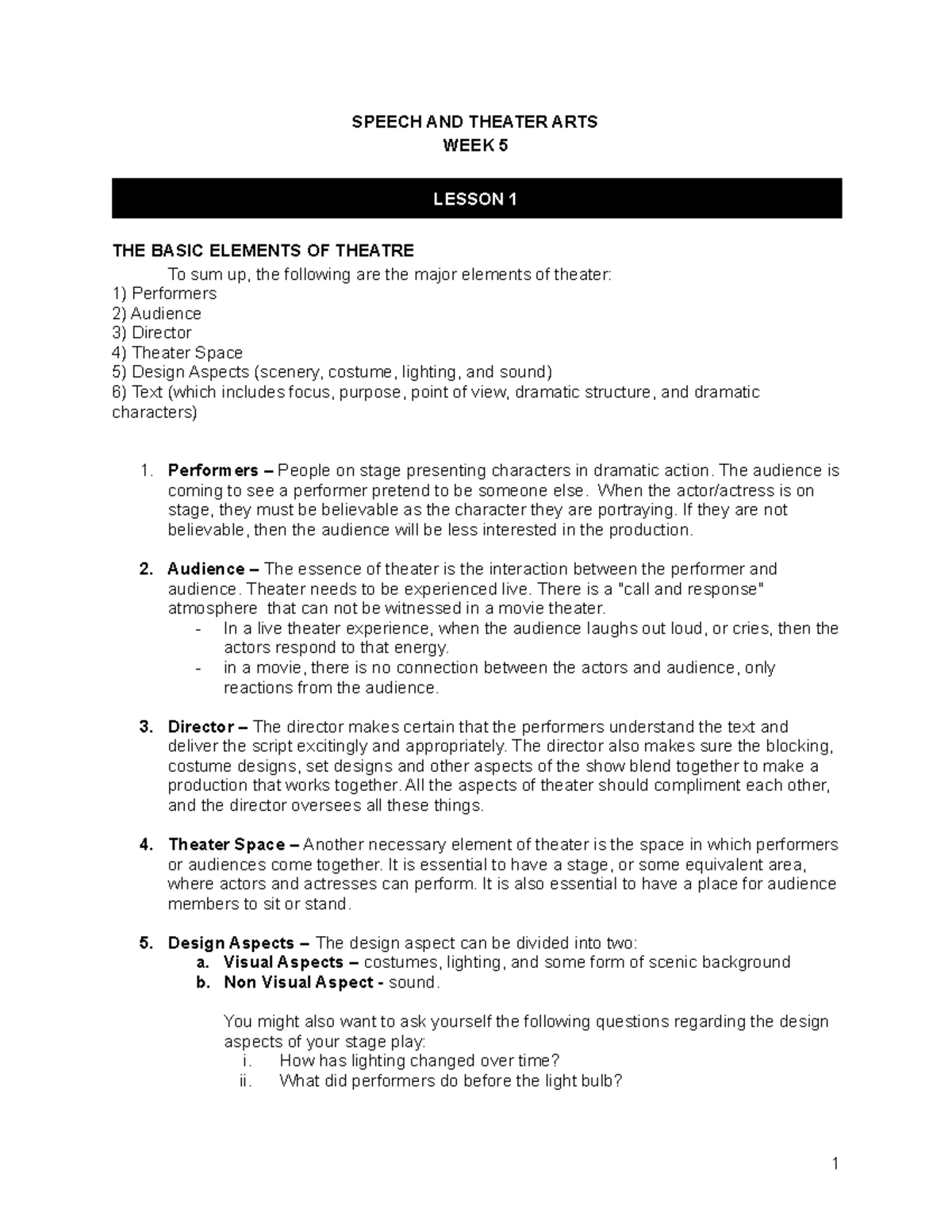 WK5 - Key Elements of Theatre Arts Explained - Studocu