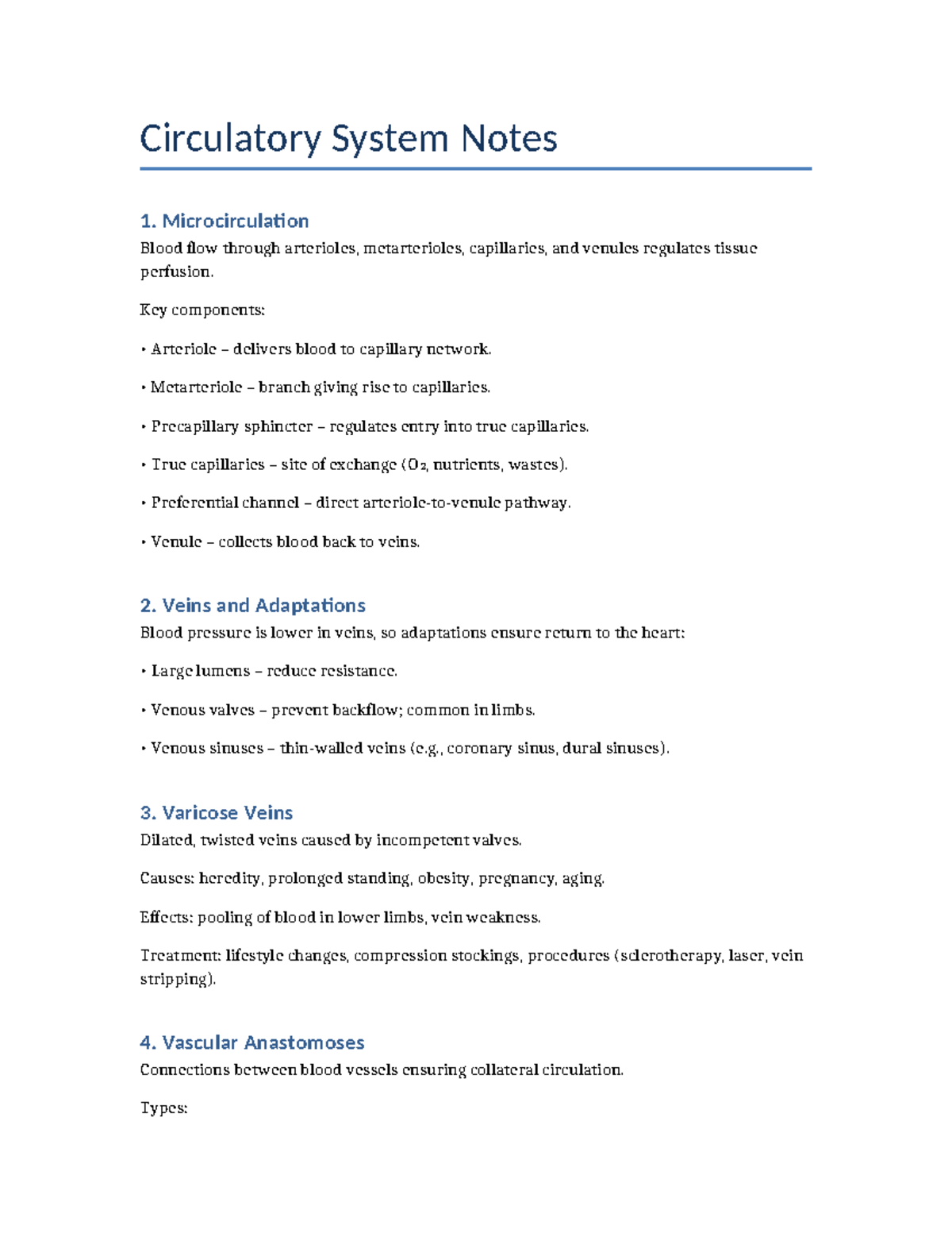Circulatory System Notes: Microcirculation, Blood Flow, and Pressure ...