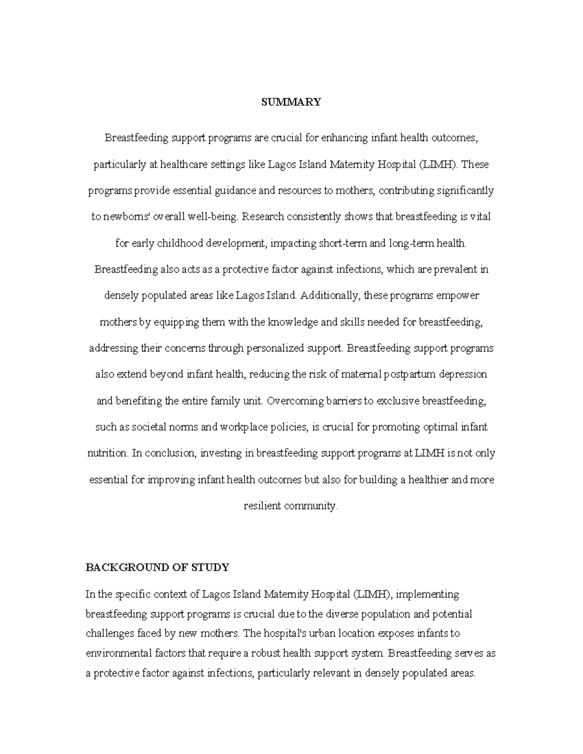 Proposal for Breastfeeding Support Programs at LIMH - Studocu