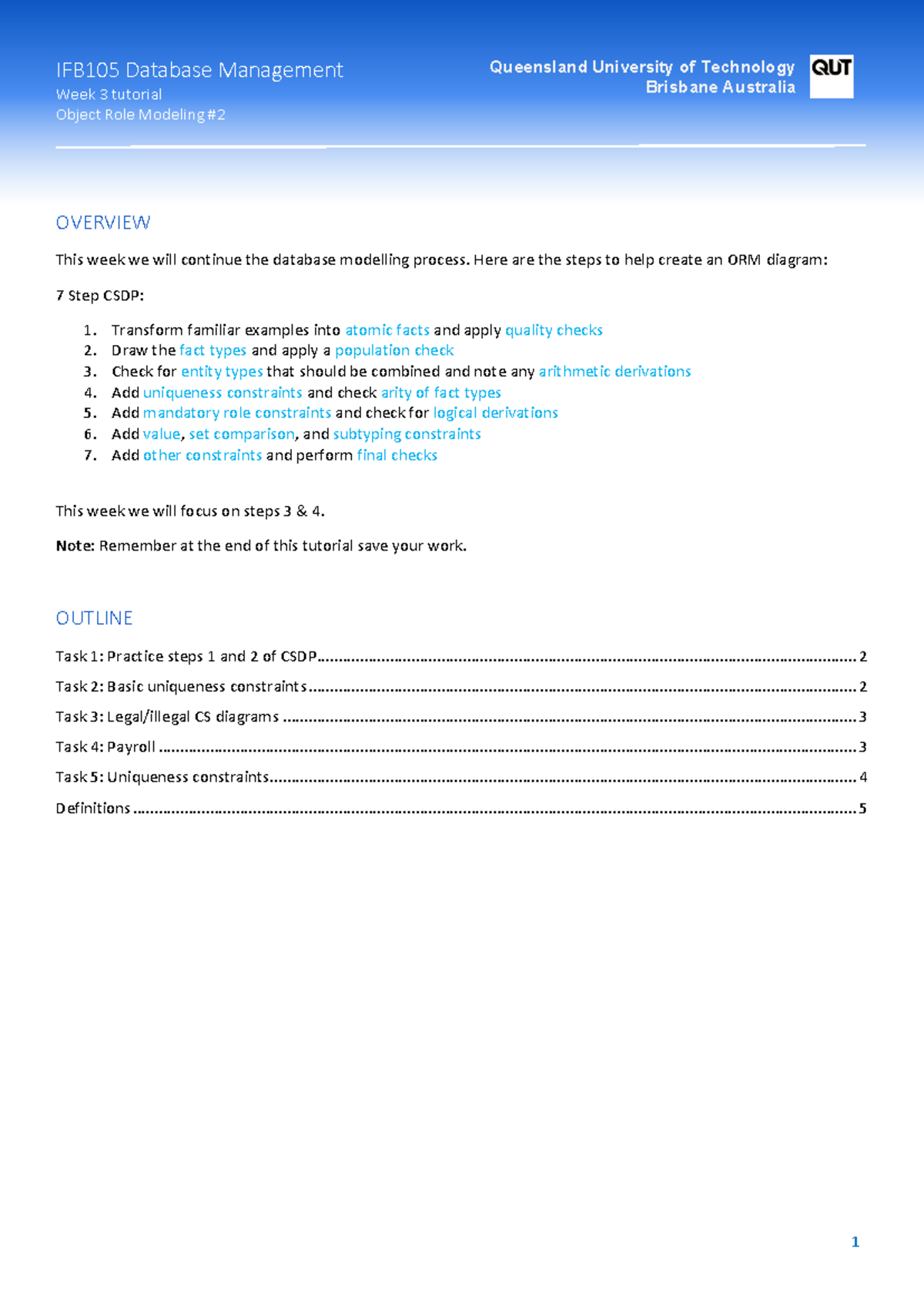 IFB 105 W3 Tutorial: ORM Diagram & Uniqueness Constraints Guide - Studocu