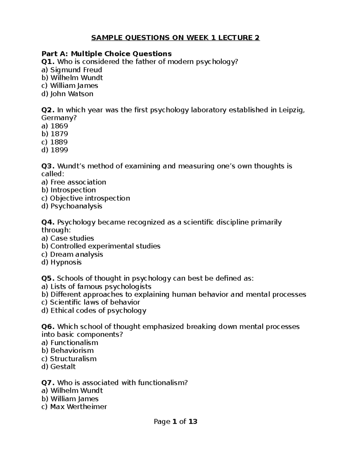SAMPLE QUESTIONS FOR PSYCHOLOGY 101: WEEK 1 LECTURE 2 - Studocu