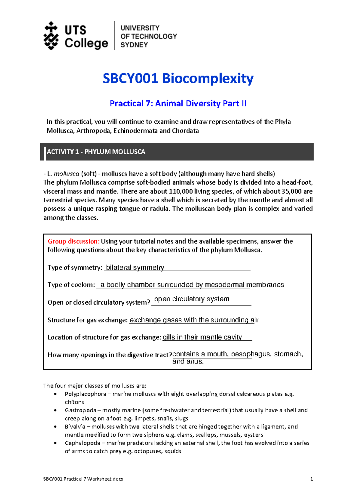 SBCY001 Practical 7 Worksheet - SBCY001 Biocomplexity Practical 7 : Animal Diversity Part II In ...