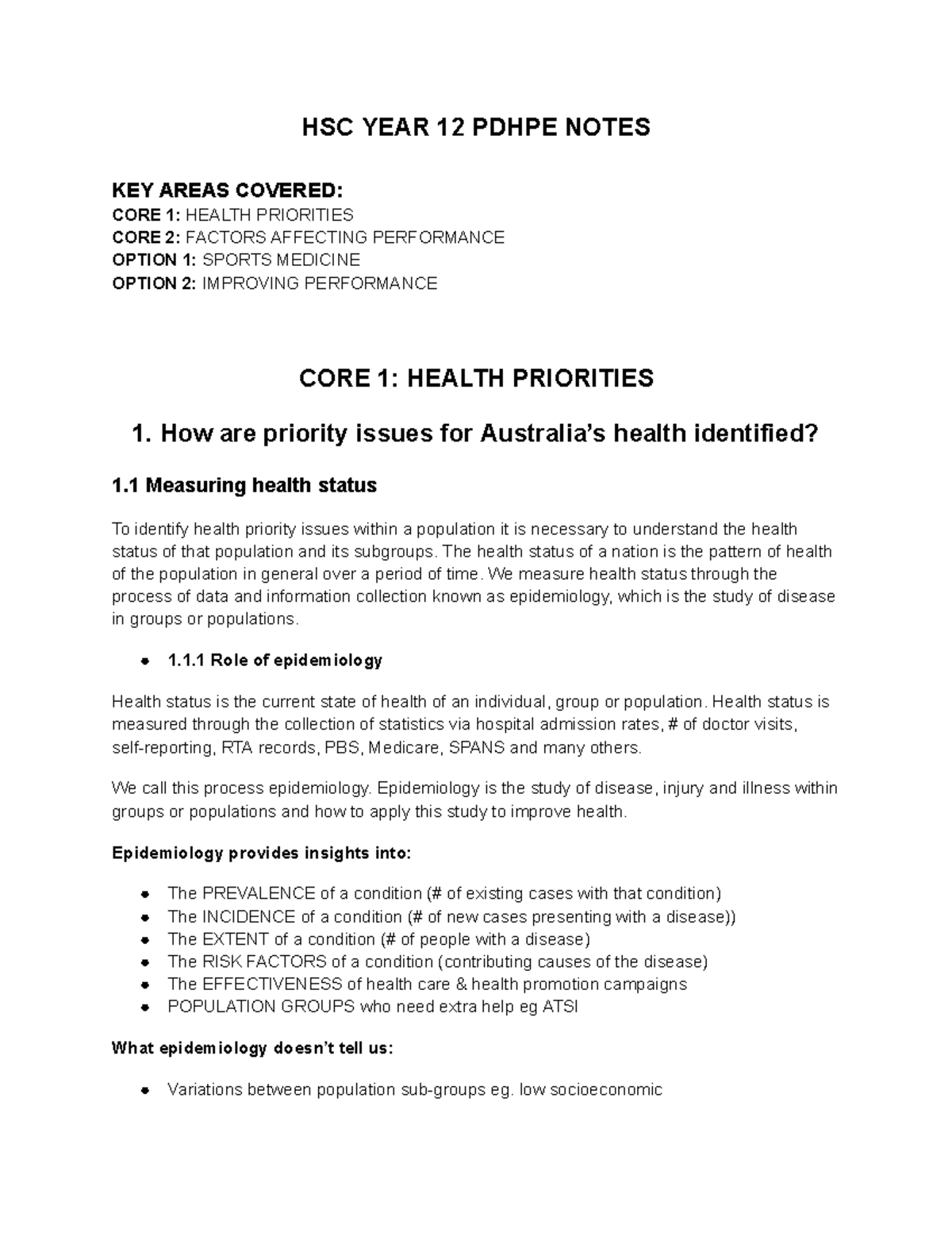 HSC Year 12 PDHPE Comprehensive Study Notes: Health Priorities ...