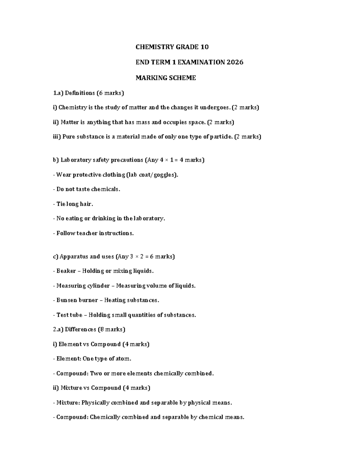 Chemistry Grade 10 End Term 1 Exam 2026 Marking Scheme - Studocu