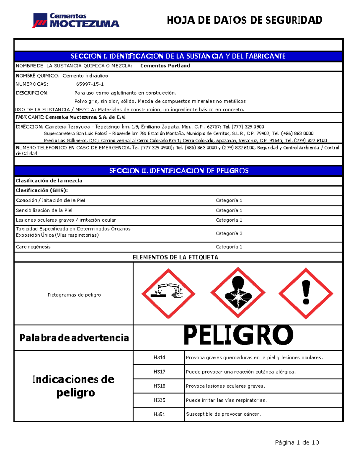 Hoja de Datos de Seguridad: Cemento Portland - Cementos Moctezuma - Studocu