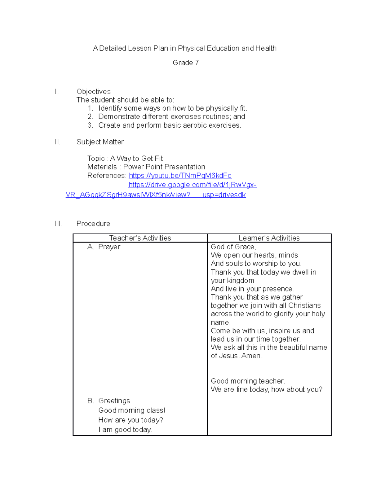 Grade 7 PE & Health Lesson Plan: Getting Fit Through Activity - Studocu