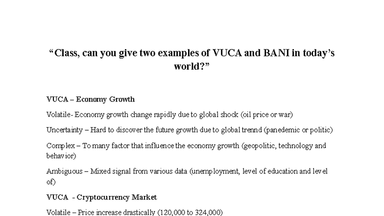 VUCA & BANI: Examples in Economic Growth & Social Impact - Studocu