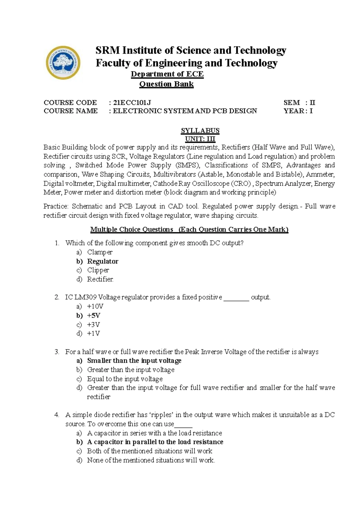 EC 21ECC101J Final Exam - PCB Design Questions and Answers - Studocu