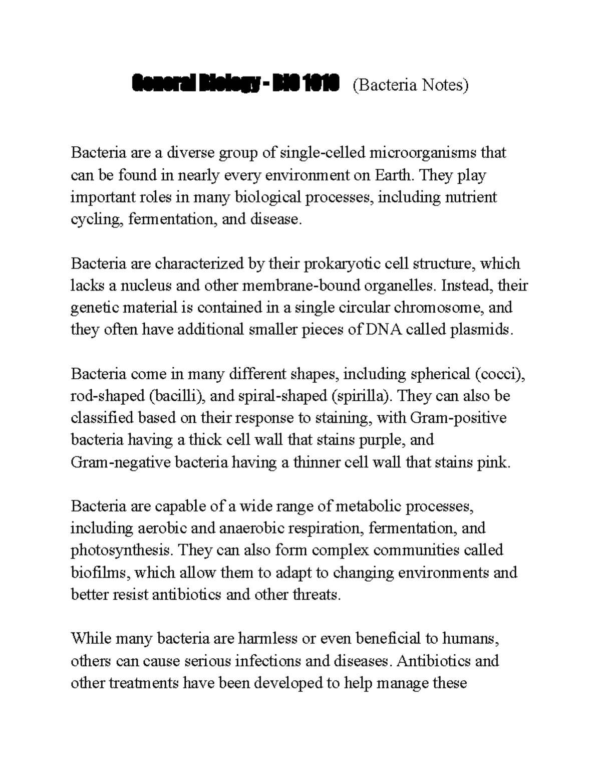 BIO - Bacteria Notes - General Biology - BIO 1010 (Bacteria Notes ...