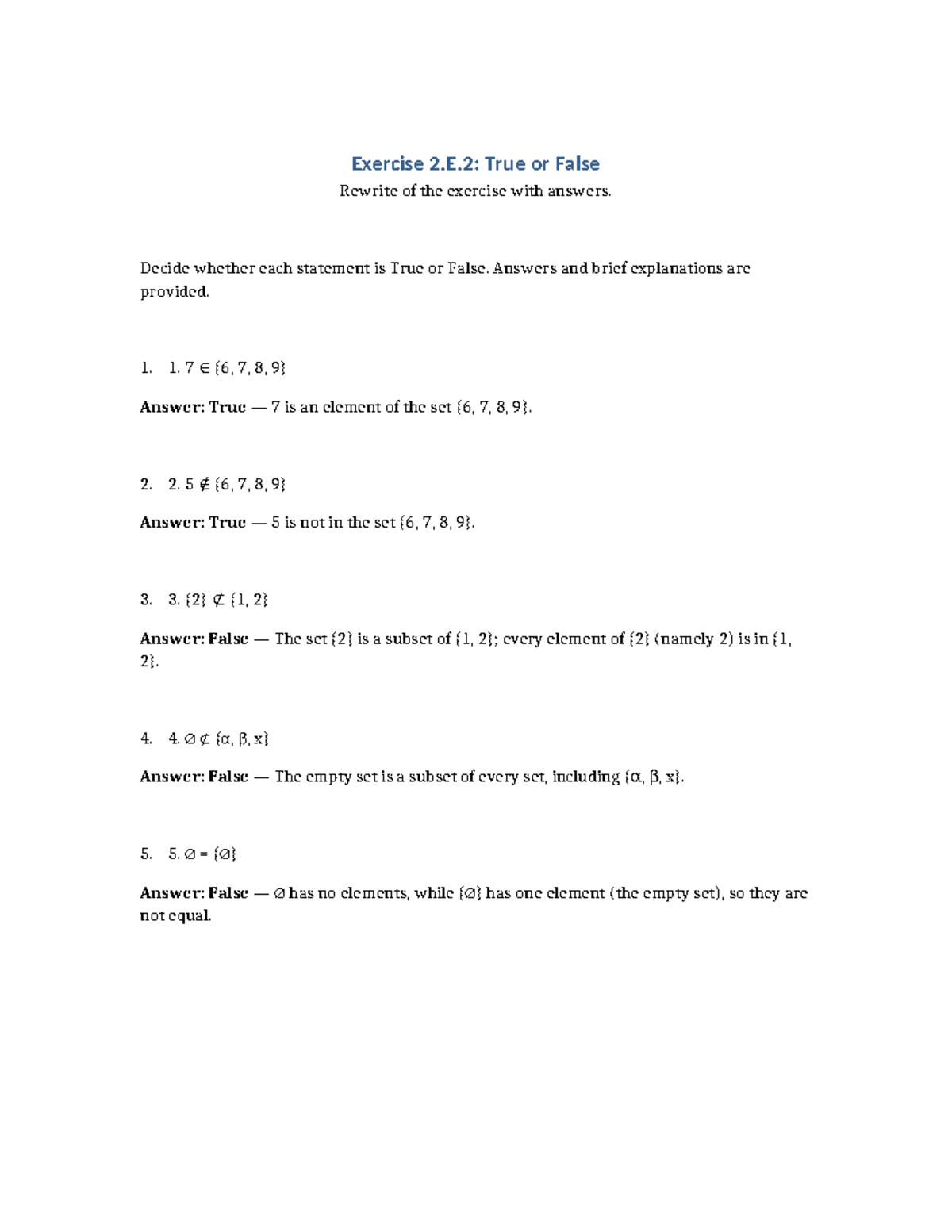 Exercise 2E2: True or False Statements with Explanations - Studocu