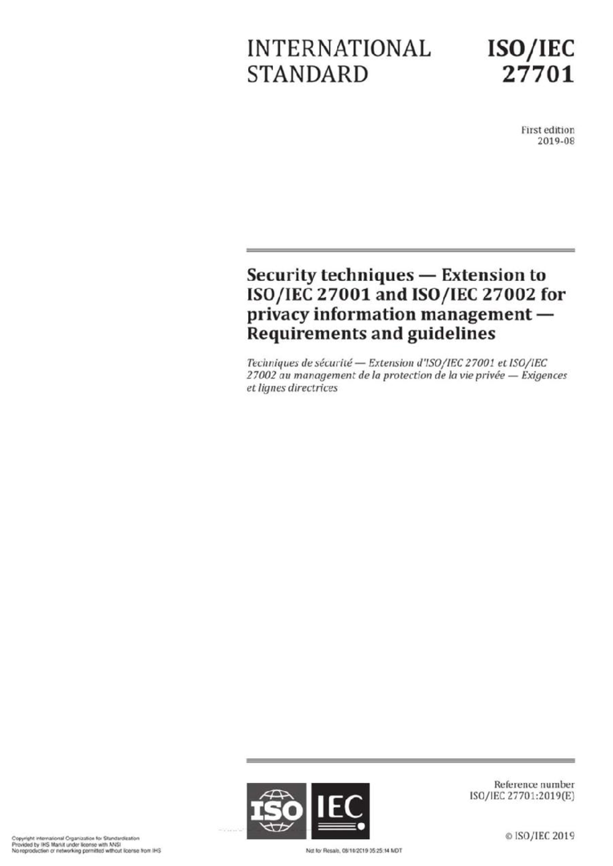ISO/IEC 27701:2019 - Security Techniques for PII Management Guidelines ...
