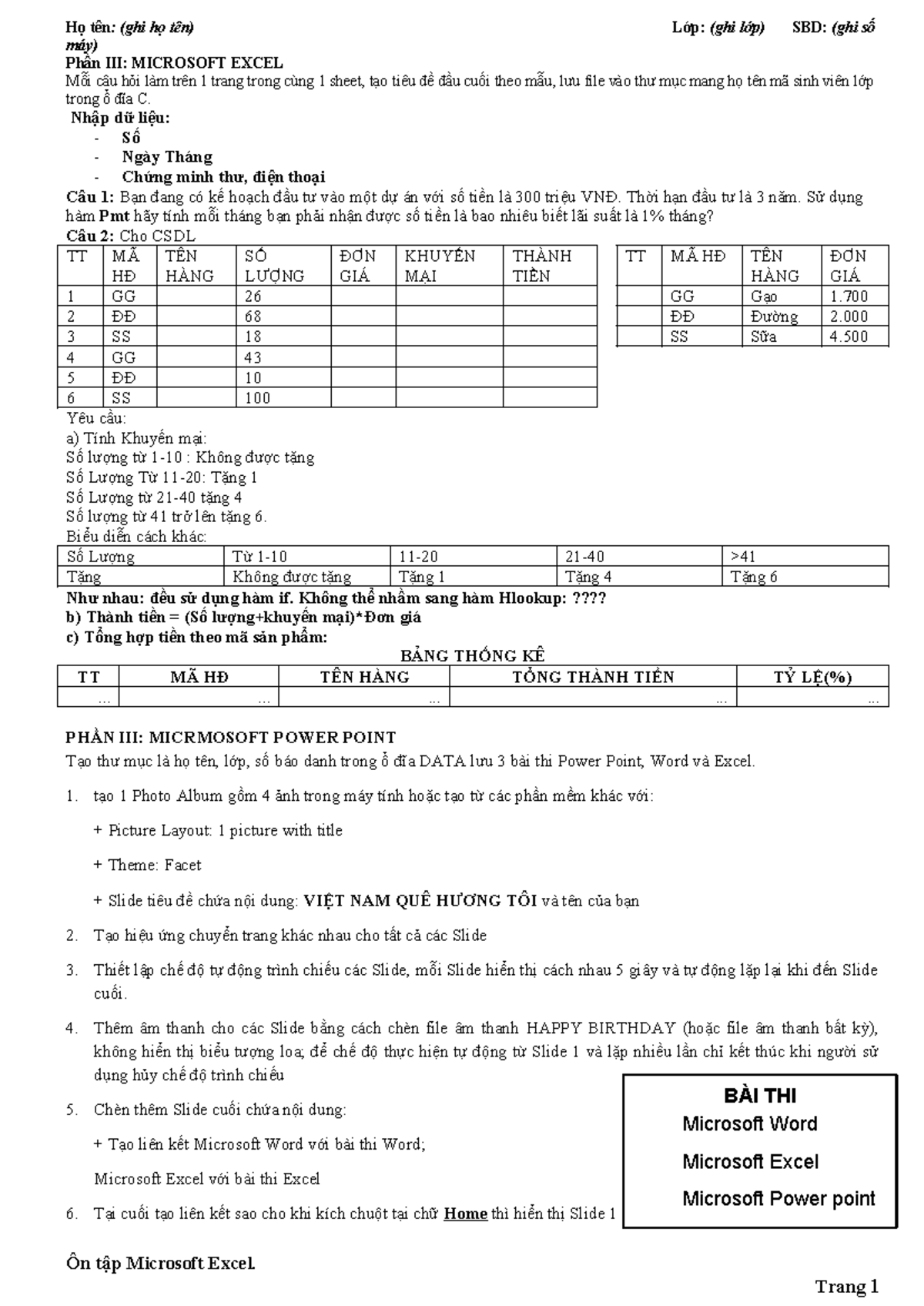 Bài Ôn Tập Microsoft Excel - Thực Hành Sử Dụng Hàm - Studocu