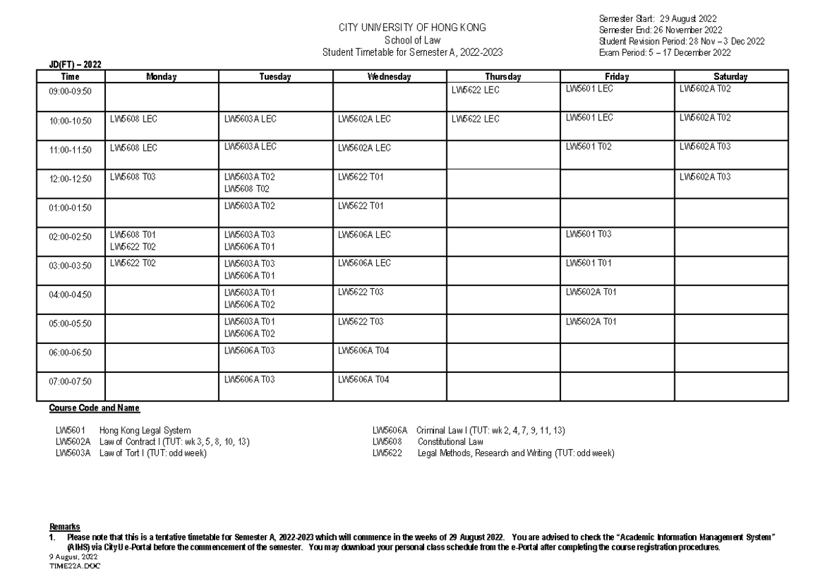 JD TIME22A Y1 - Semester A 2022 Timetable for Law Students - Studocu