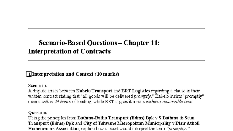 Test 4: Scenario-Based Questions on Contract Interpretation and ...