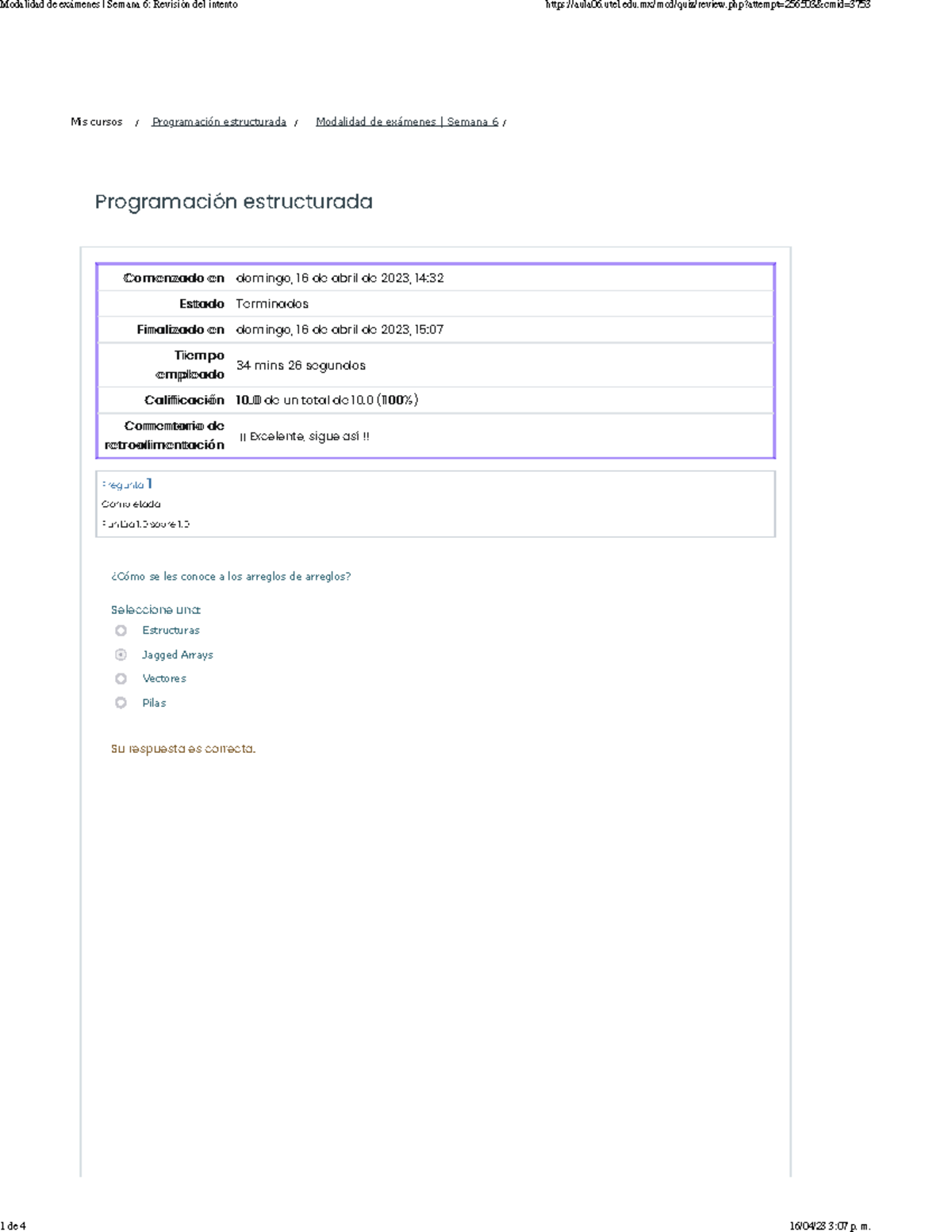 Modalidad de exámenes Semana 6 Revisión del intento - Programación estructurada ...