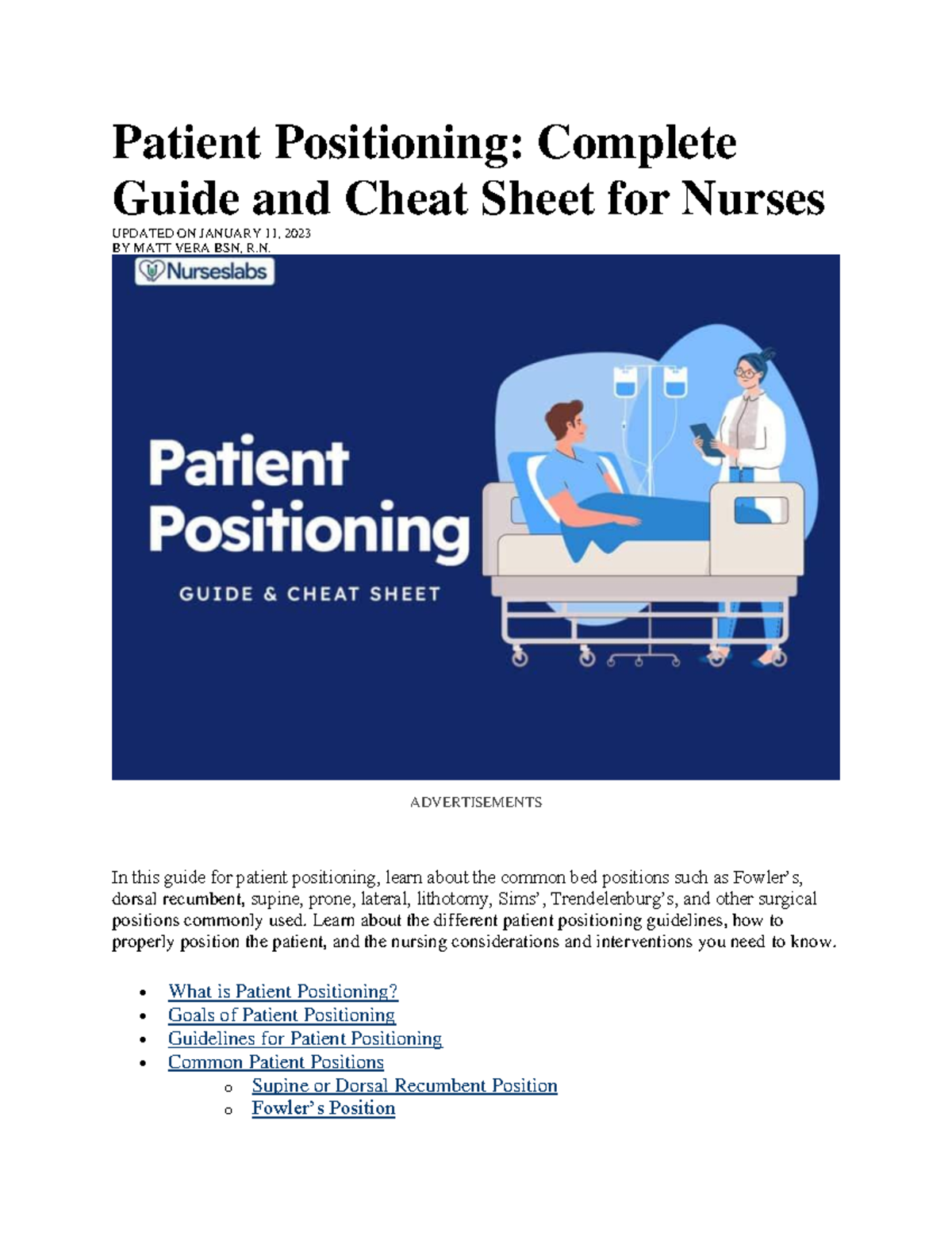 Patient Positioning: Comprehensive Guide for Nurses - Funda - Studocu