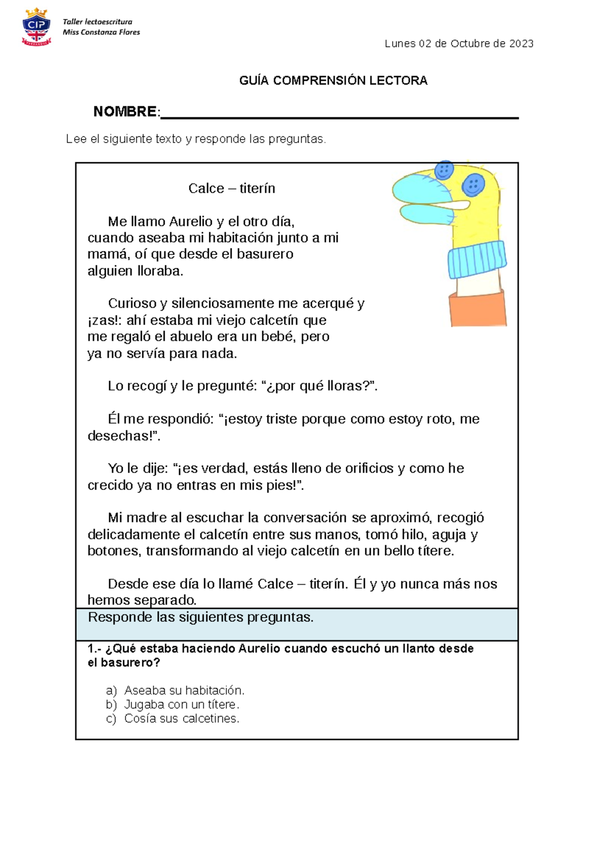 Comprensión lectora - Lunes 02 de Octubre de 2023 GUÍA COMPRENSIÓN ...