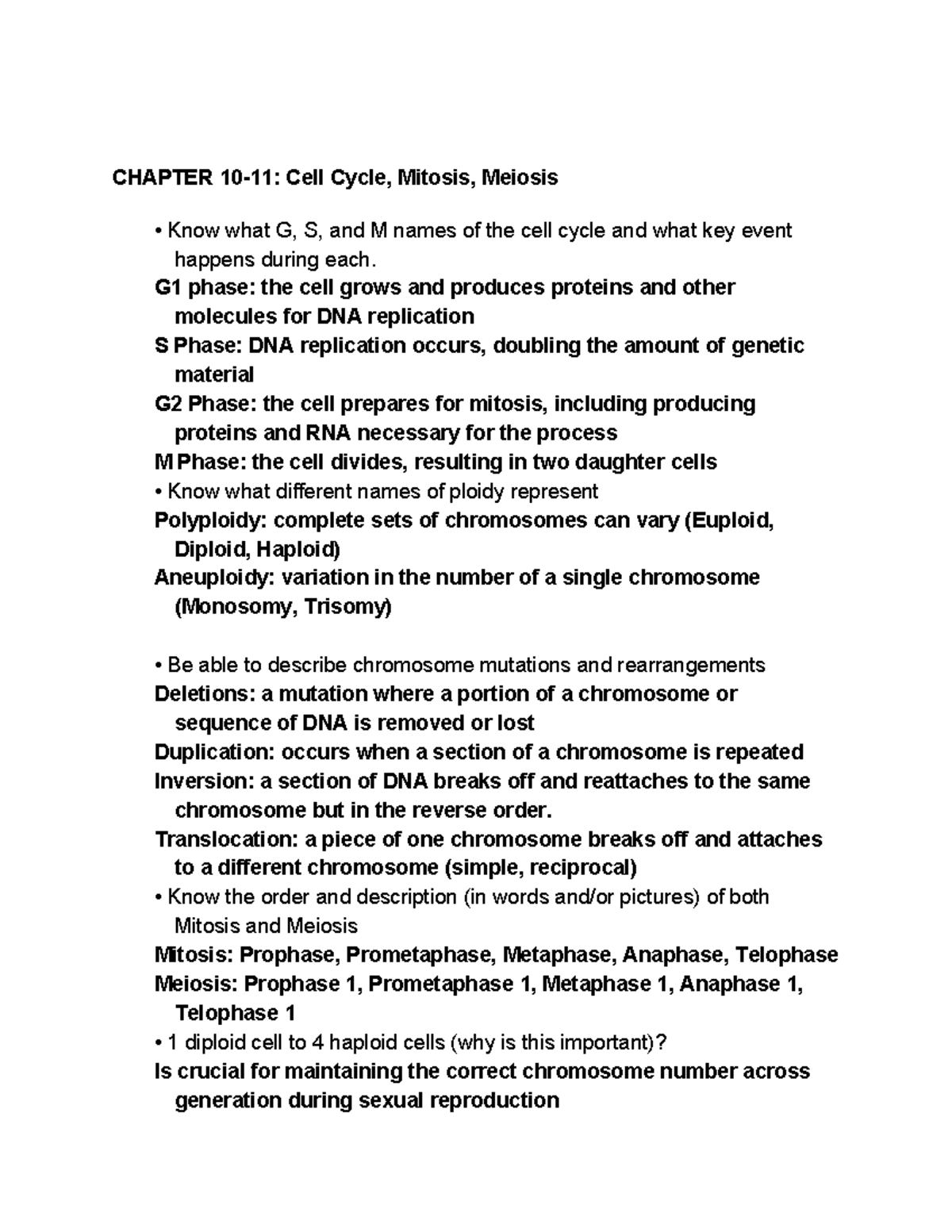 CHAPTER 10-14: Cell Cycle, Mitosis, Meiosis, Inheritance & DNA ...