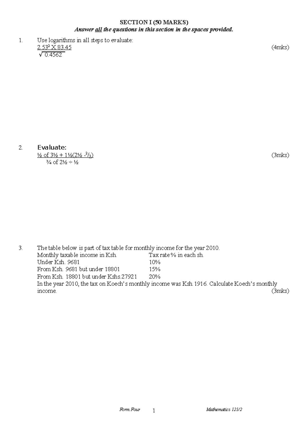 MAT 56 - Form Four Mathematics Exam Questions and Solutions - Studocu