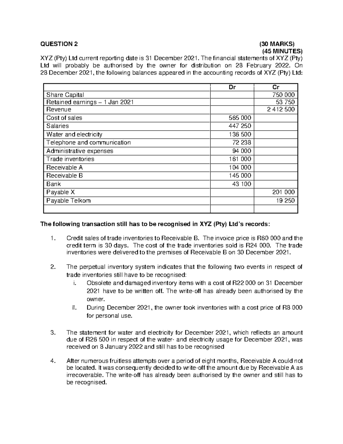 Question 2 - statement of profit and loss and statement of equity ...
