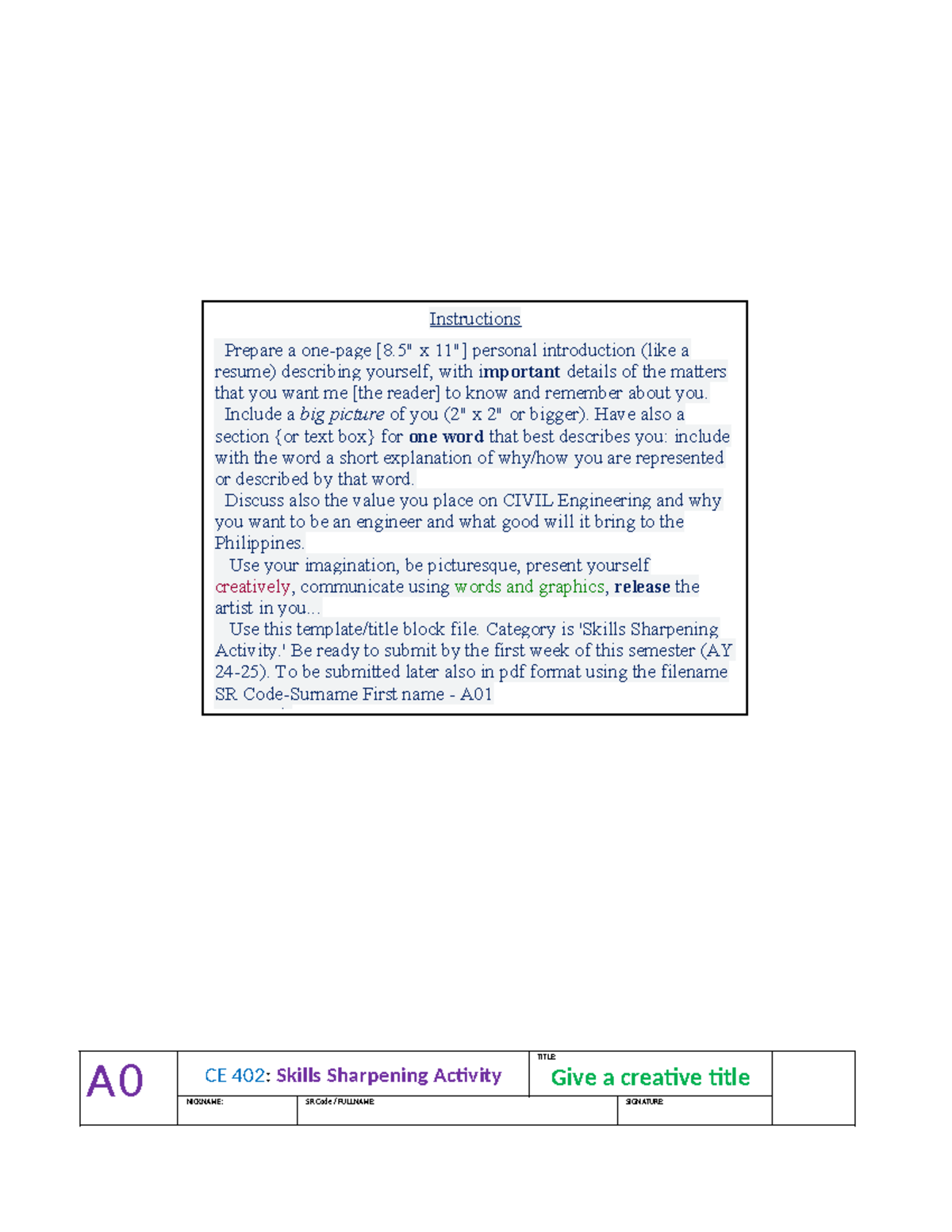 A01-template-So M2025 - A CE 402: Skills Sharpening Activity TITLE ...