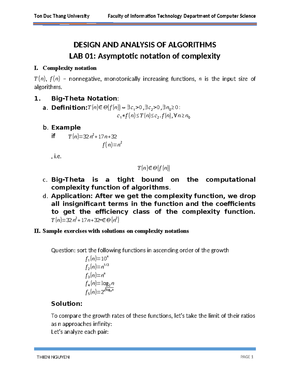 Lab01 - Đề lab 0 - DESIGN AND ANALYSIS OF ALGORITHMS LAB 01: Asymptotic notation of complexity I ...