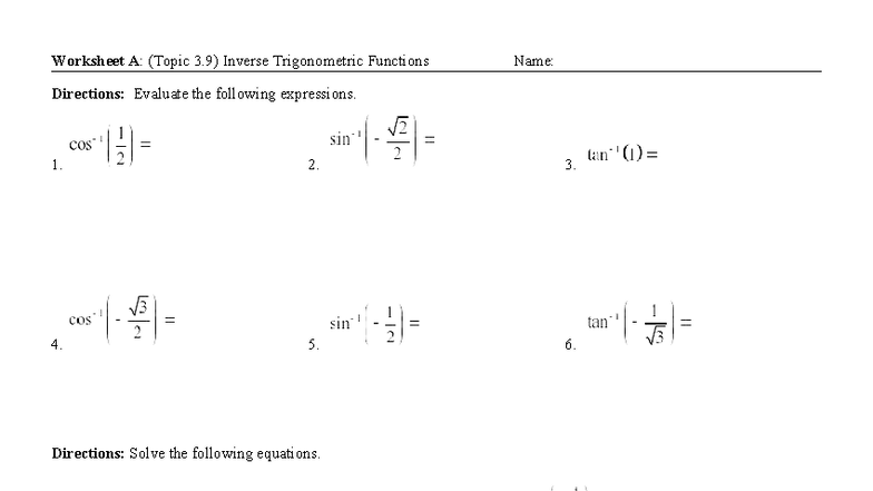 Worksheet A: Topic 3 - Inverse Trigonometric Functions Homework 3.9 ...