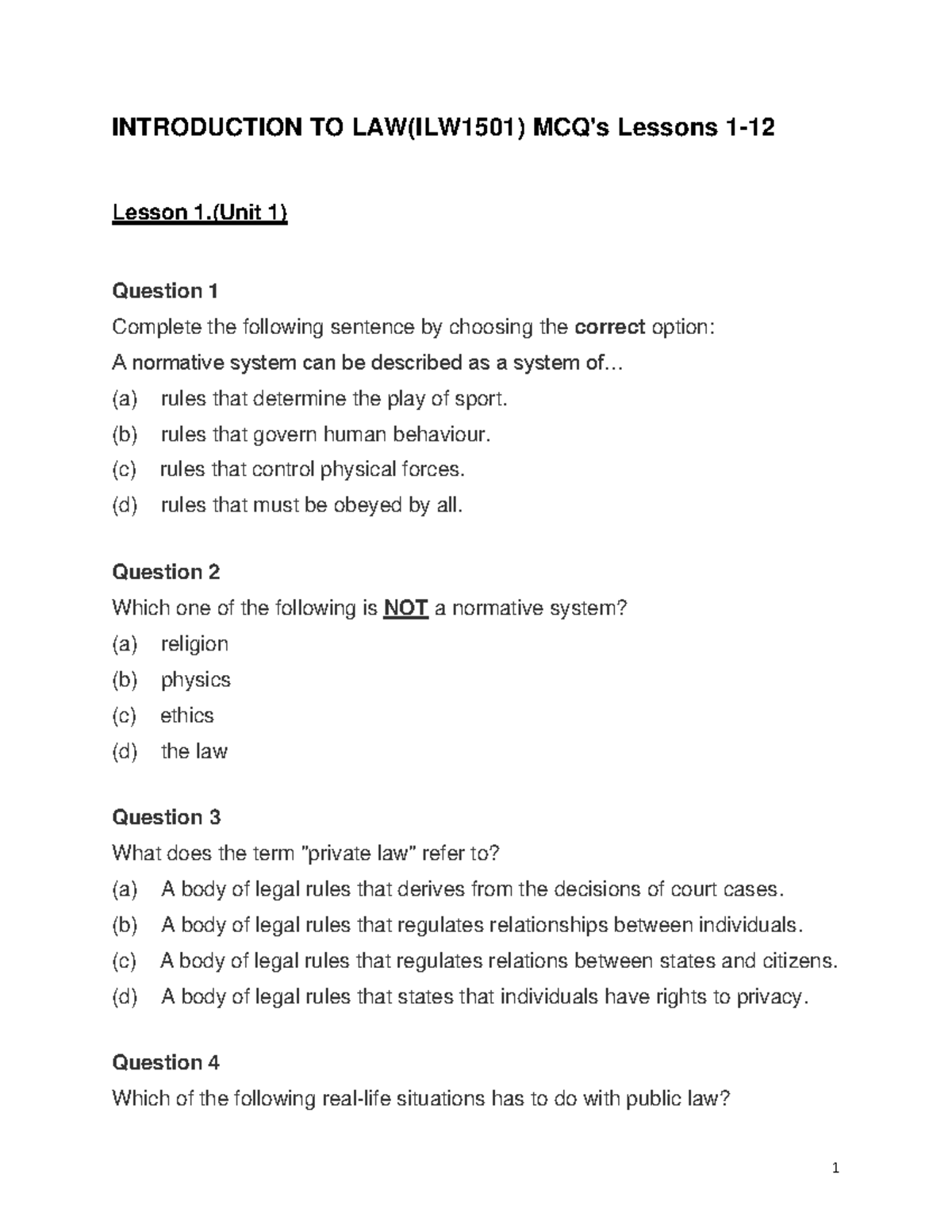 ILW quiz lesson 1 - 12 - NONE - INTRODUCTION TO LAW(ILW1501) MCQ's ...